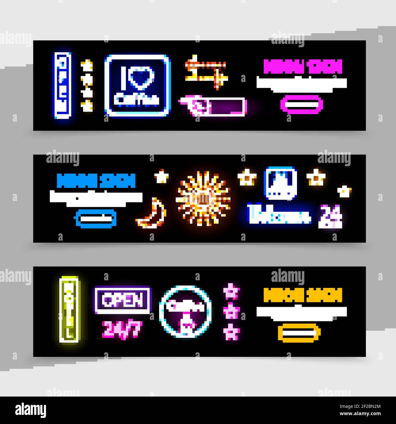 Advertising neon signs horizontal banners with bright frames colorful ...