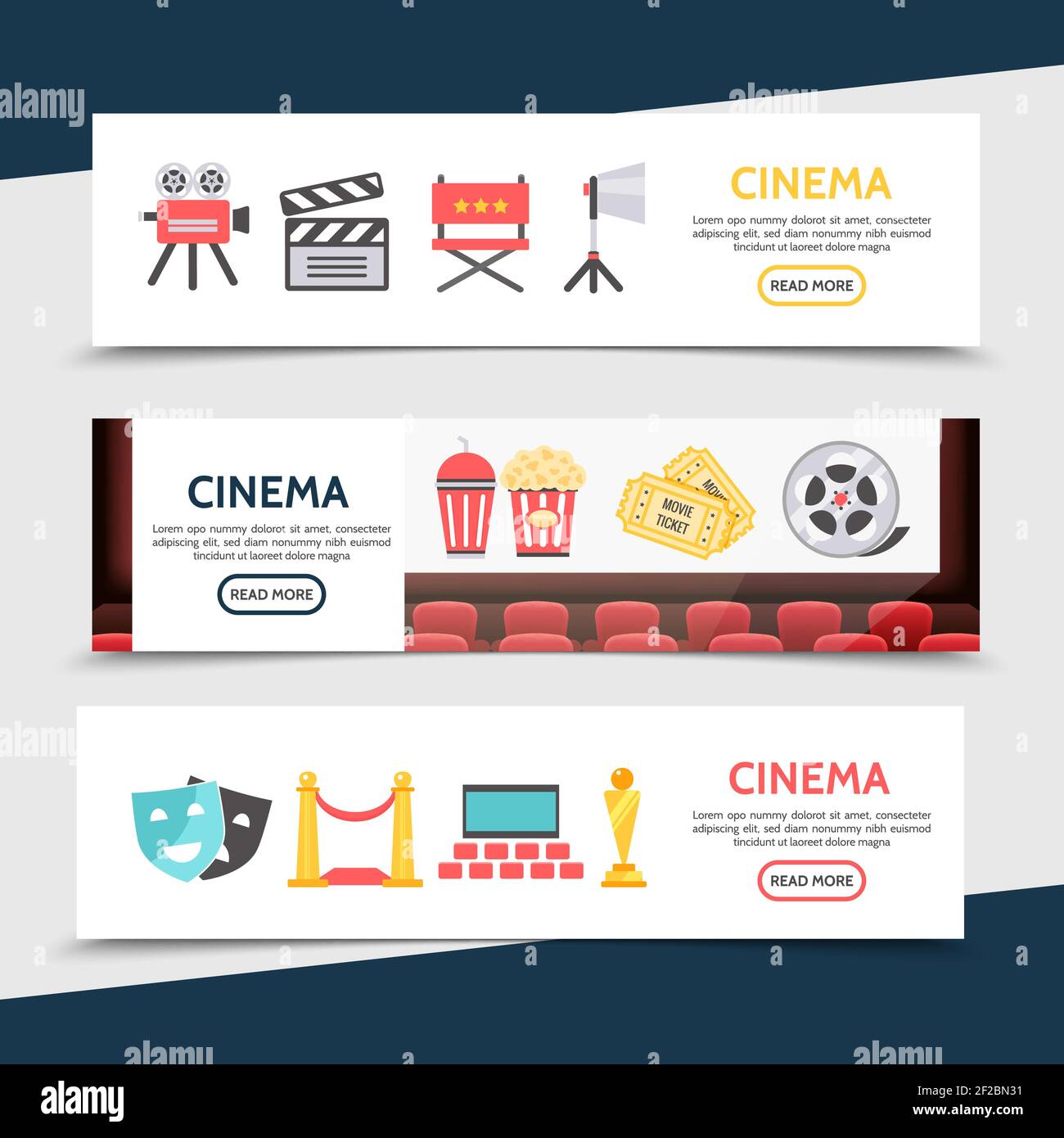 Flat cinema horizontal banners with movie camera clapboard director ...