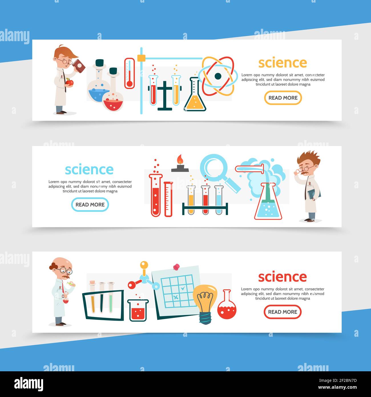 Flat science colorful horizontal banners with scientists tubes flasks ...