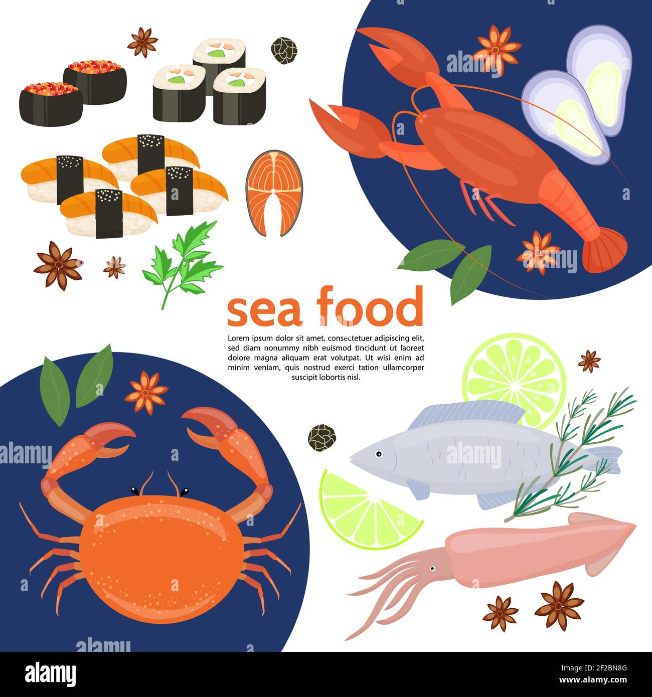 Flat natural sea food template with crab lobster squid fish sushi rolls ...