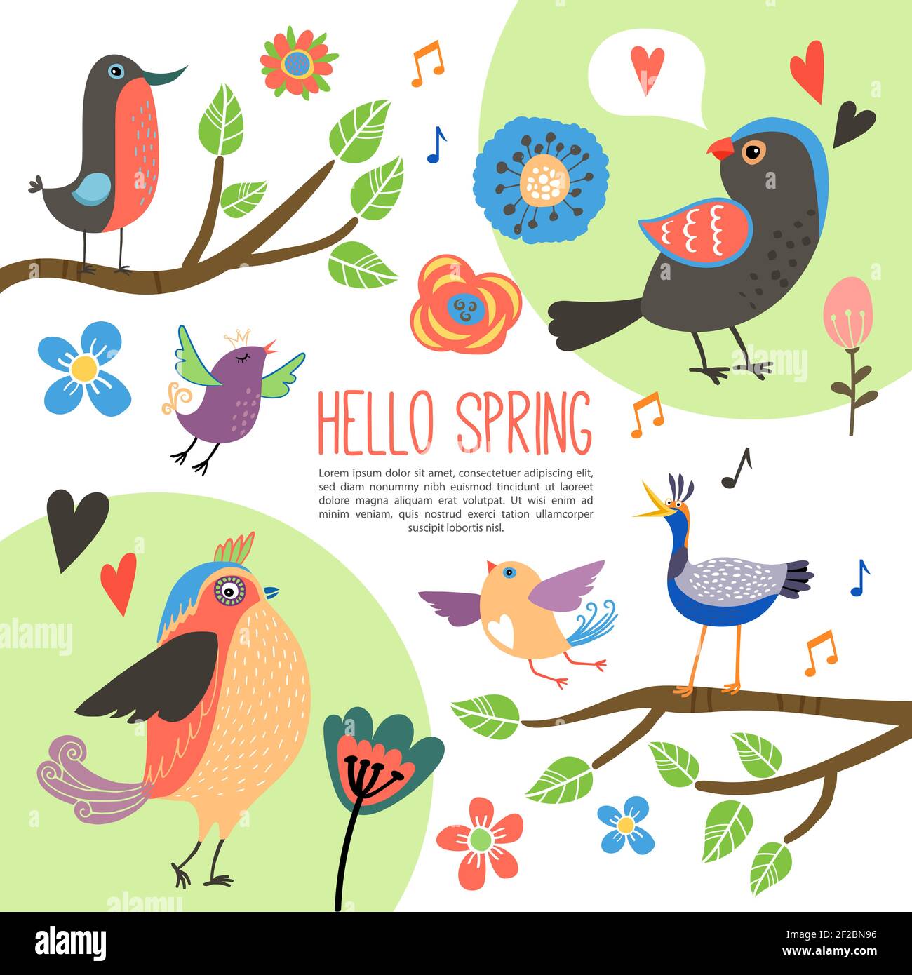 Flat spring time composition with beautiful colorful birds on tree ...