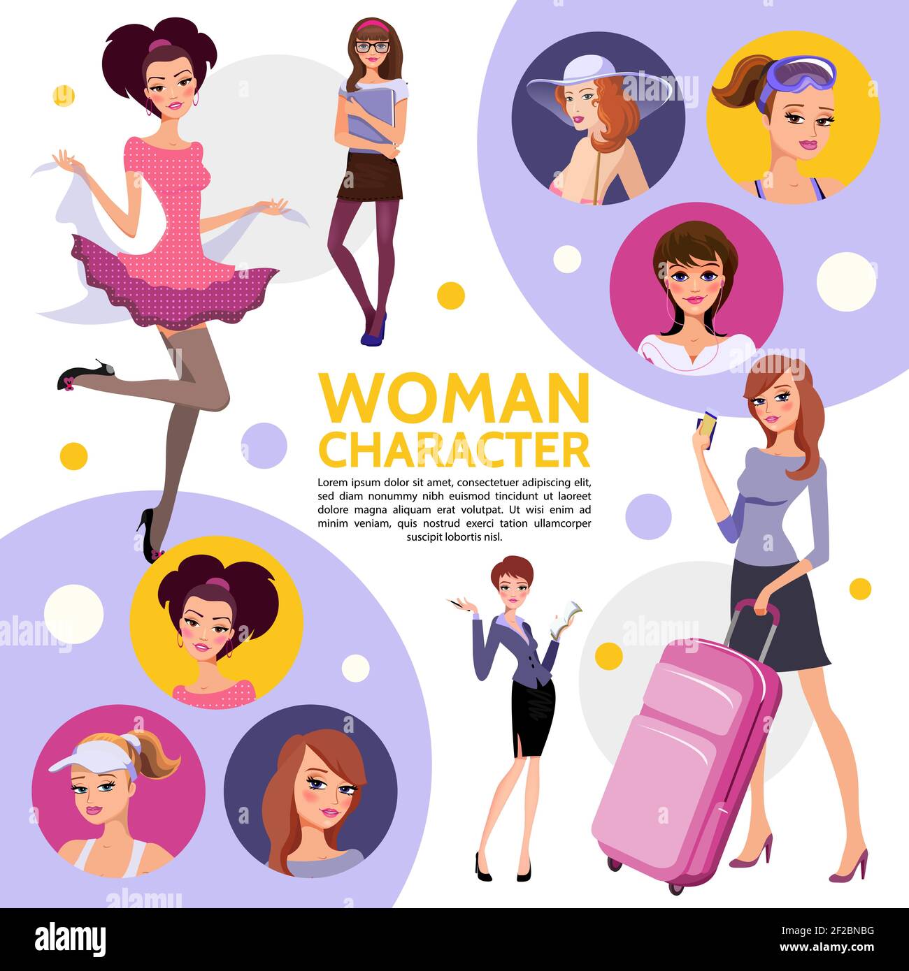 Flat woman characters composition with secretary student sportswoman ...