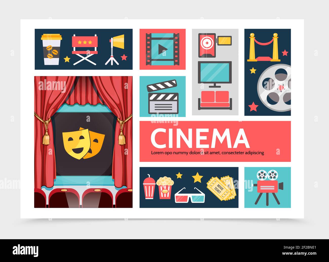Flat movie infographic concept with coffee soda popcorn filmstrip ...