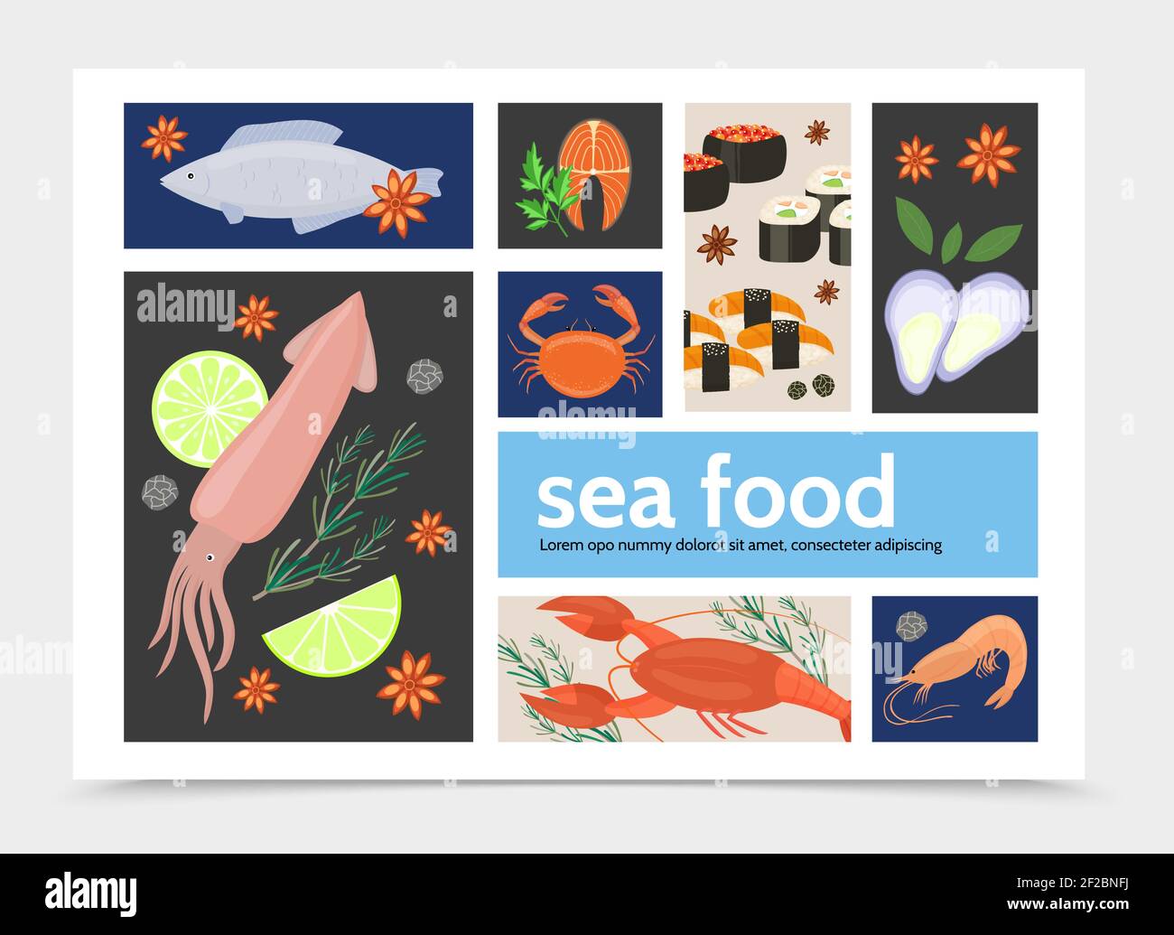 Flat seafood infographic template with natural squid fish crab lobster ...