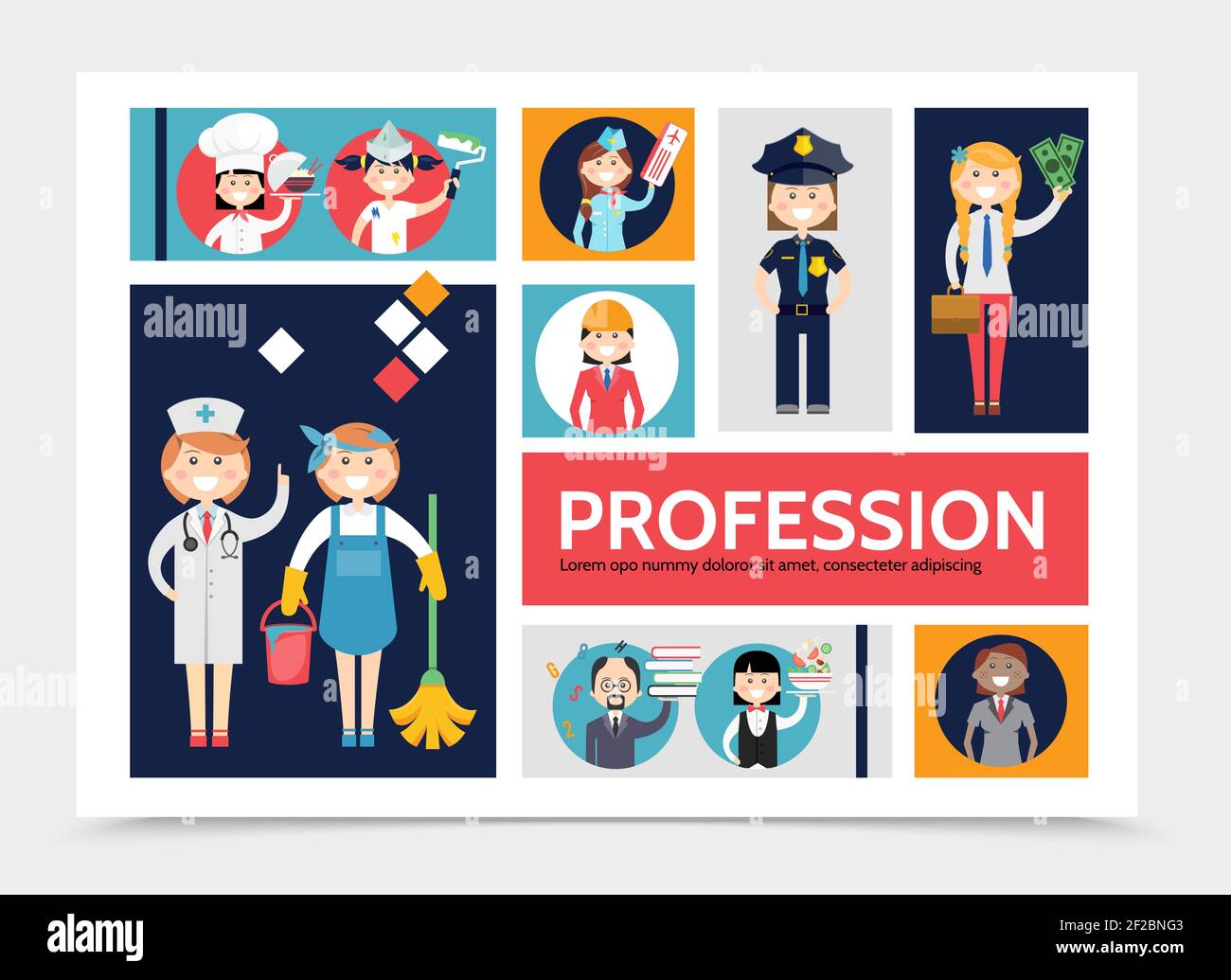Flat profession characters infographic template with doctor maid chef ...
