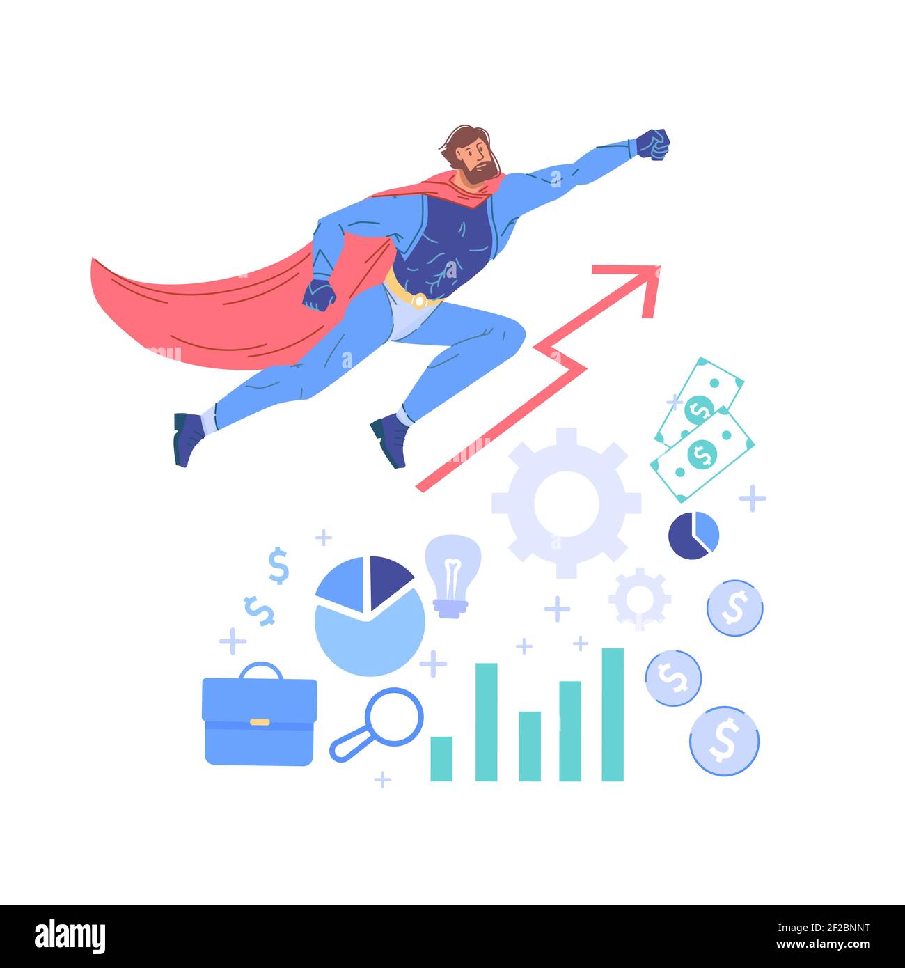 Flat cartoon superhero character,successful business goal achievment ...