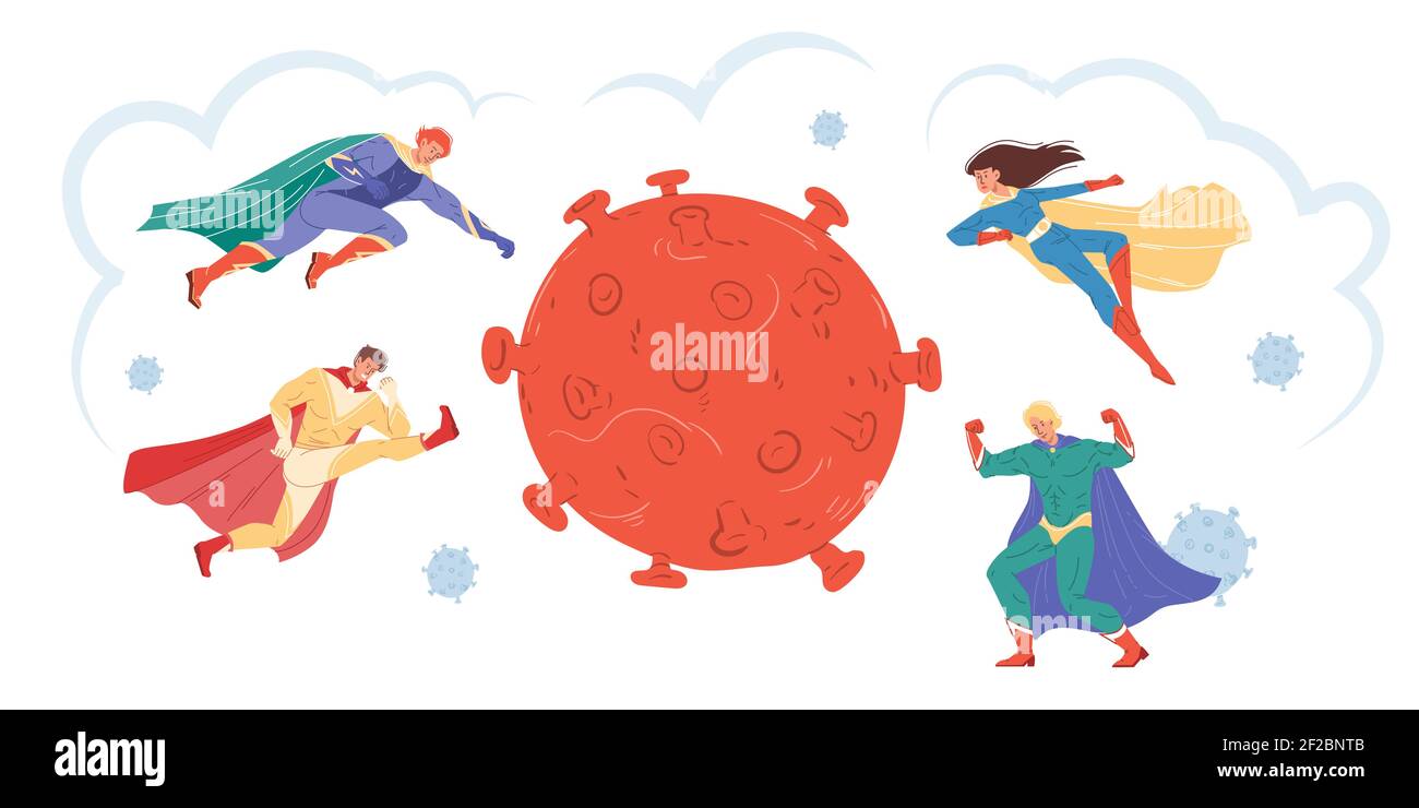 Flat cartoon superhero characters fight coronavirus,covid protection ...