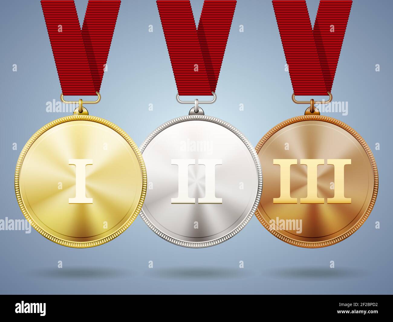 Gold silver and bronze medals on ribbons with shiny metallic surfaces ... Gold silver and bronze medals on ribbons with shiny metallic surfaces ...
