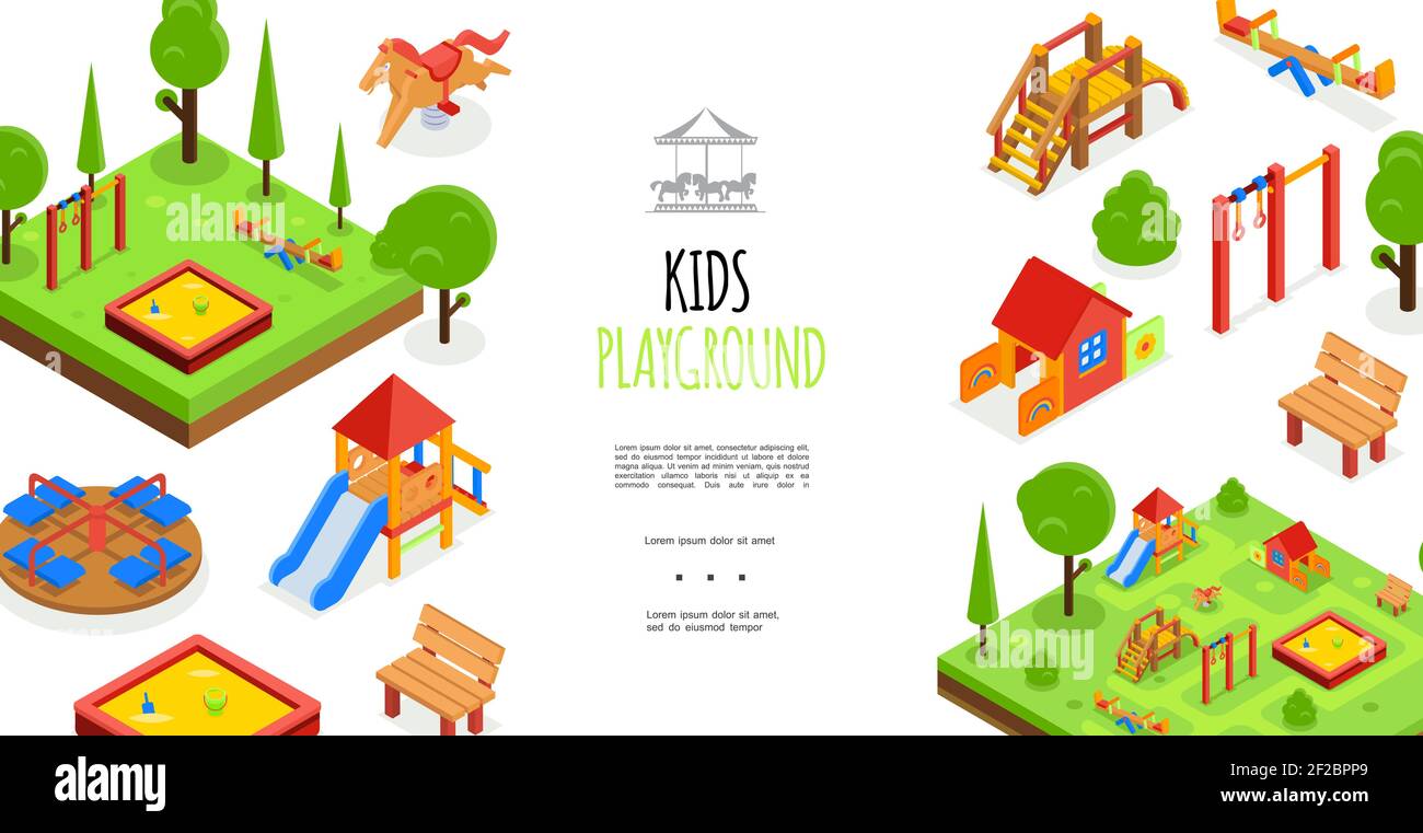 Isometric kids playground colorful template with carousels sandbox toy ...