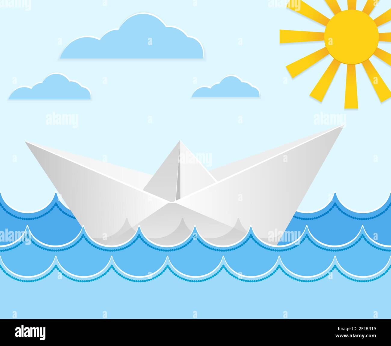 Origami paper ship on ocean waves. Travel transport toy, cruise and ...