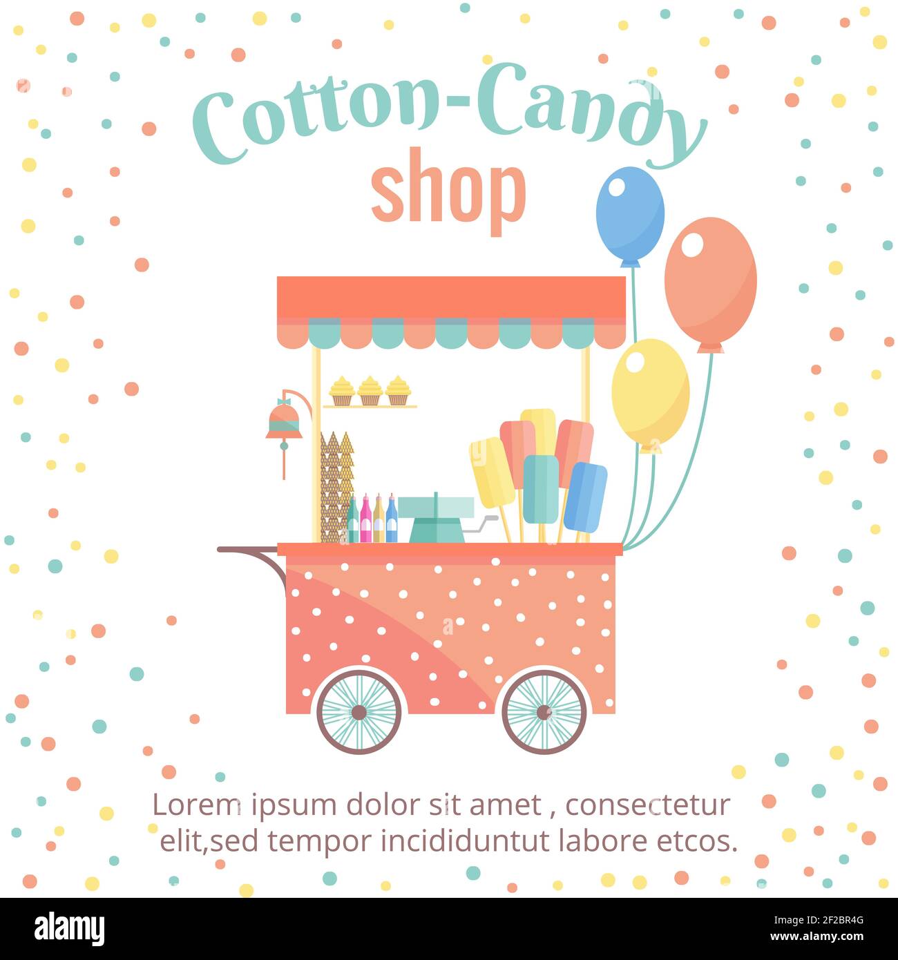 Cotton candy and ice cream street shopping cart. Sweet food, store and ...