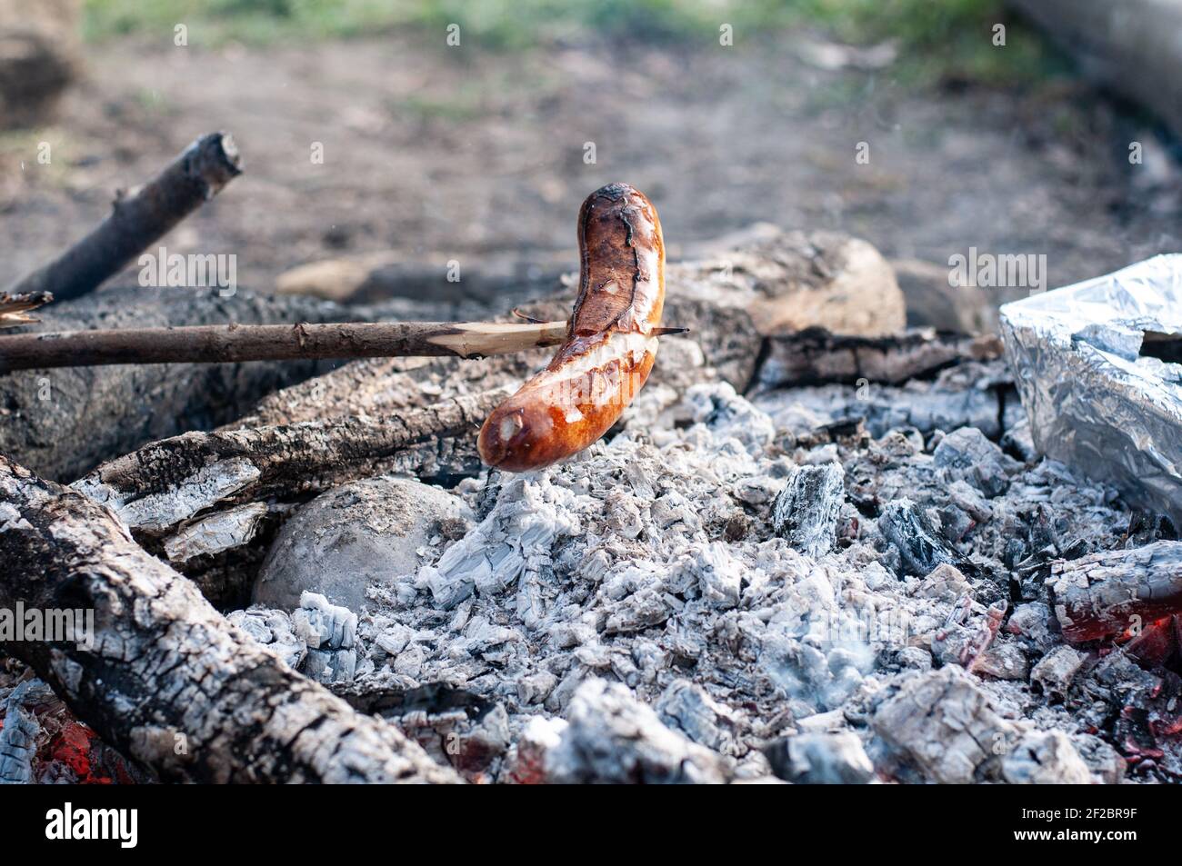 A selective focus shot of a prepared sausage on a wood stick on fire ...
