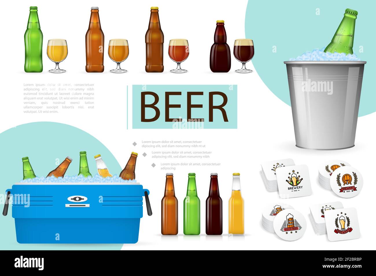 Realistic brewing composition with beer glasses bottles in box and ...
