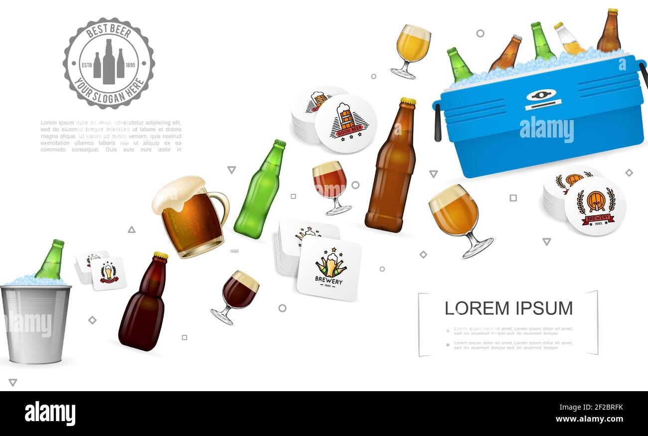 Realistic brewery colorful template with beer bottles glasses box and ...