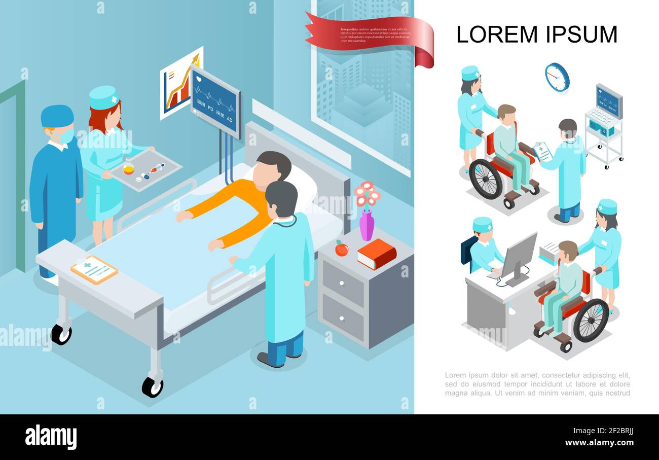 Isometric medical treatment concept with doctors and nurse visiting ...