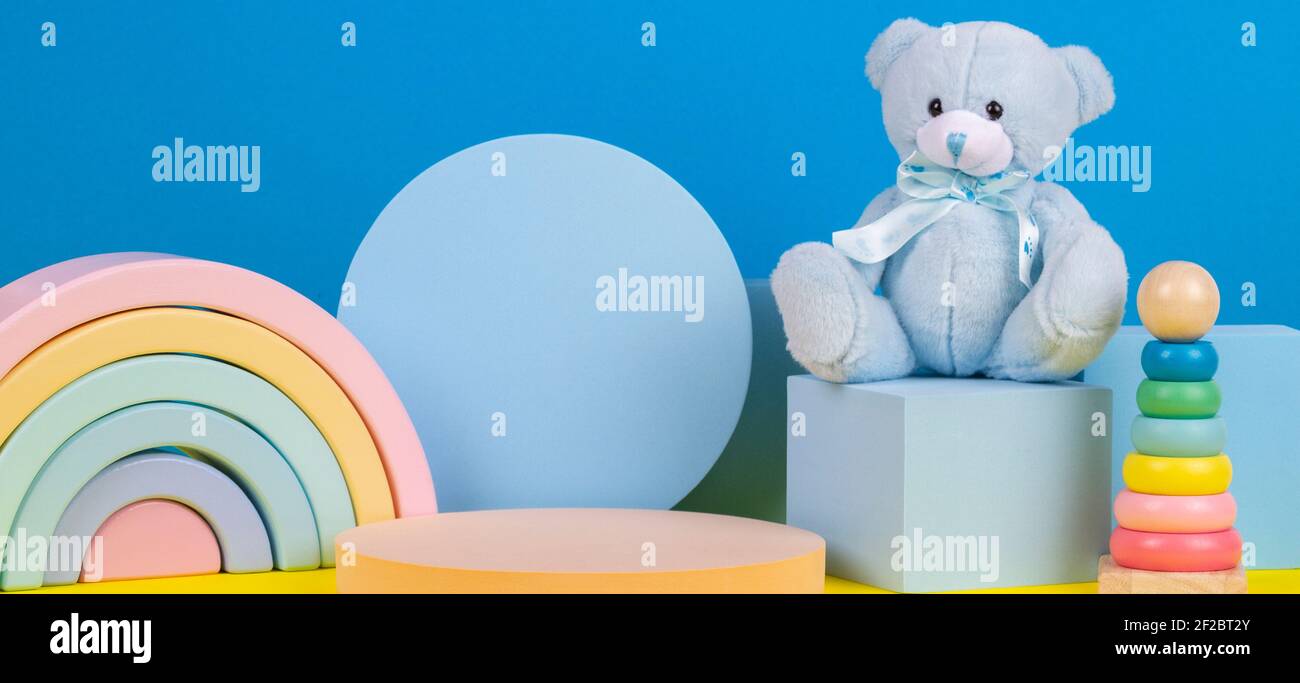 Baby kid toy background. Composition of colorful educational toys and ...