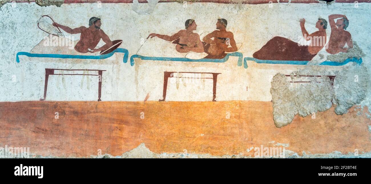 Paestum, ancient frescoes in the tomb of the diver Stock Photo - Alamy