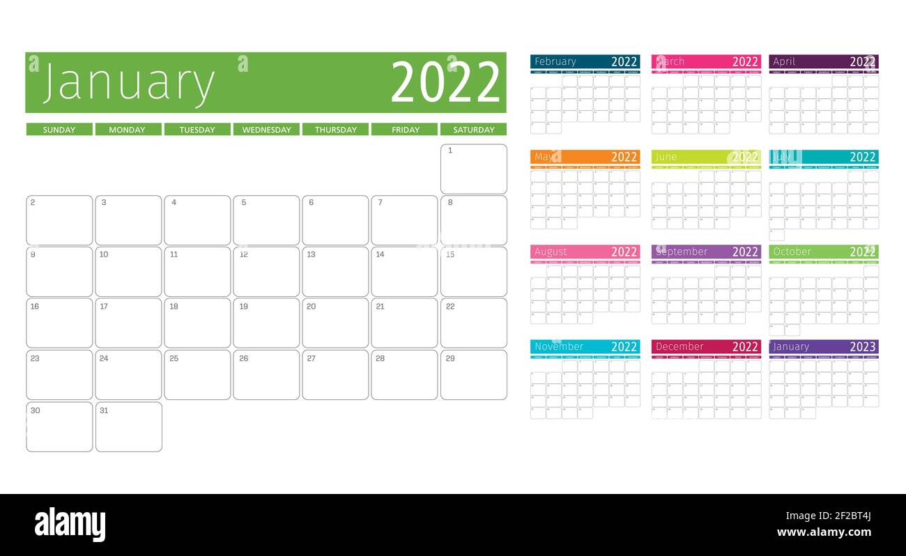 monthly organization calendar template grid for 2022 multicolored Stock ...