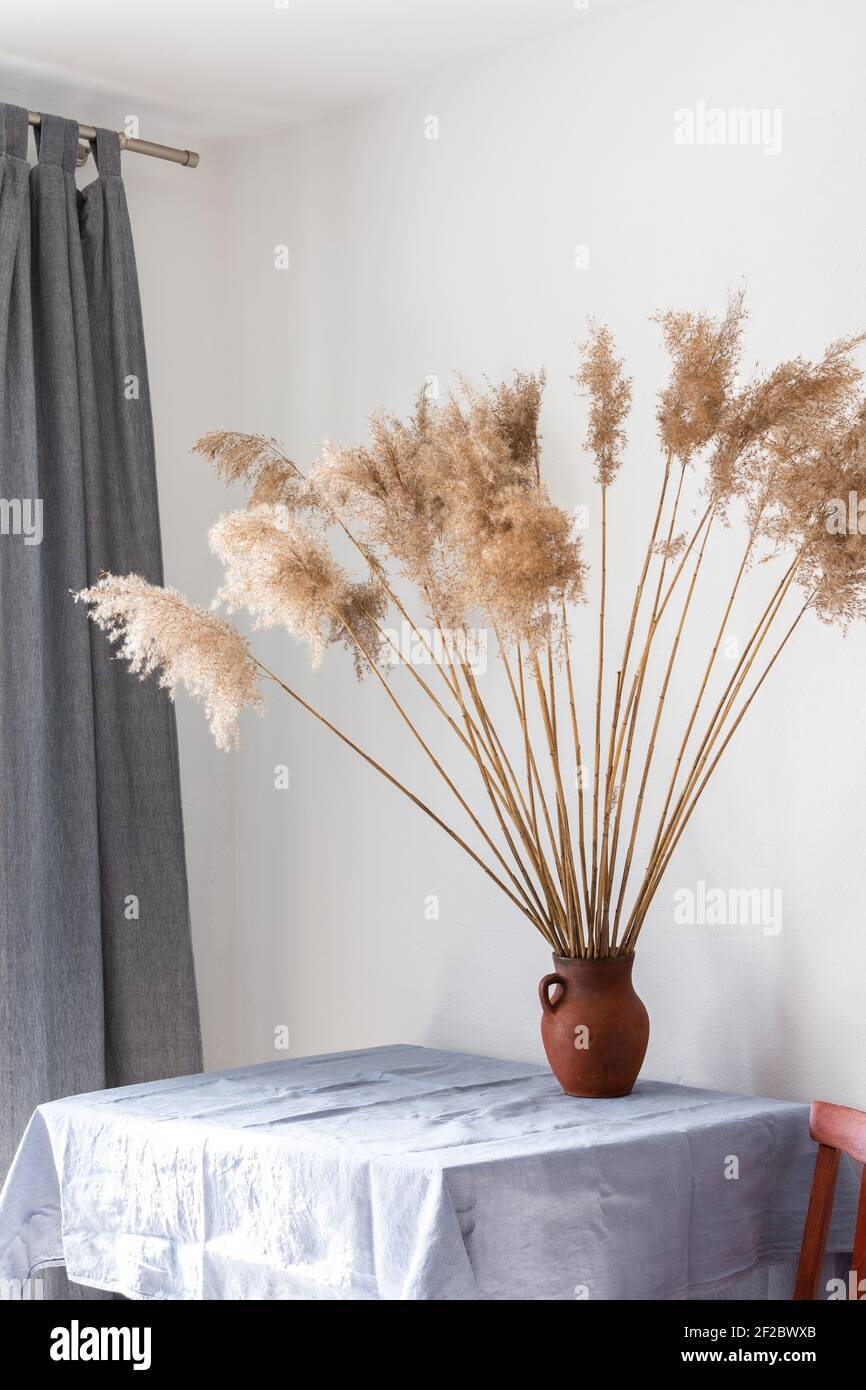 Dry Cane Reeds in a clay jug on a table with a blue tablecloth near the ...