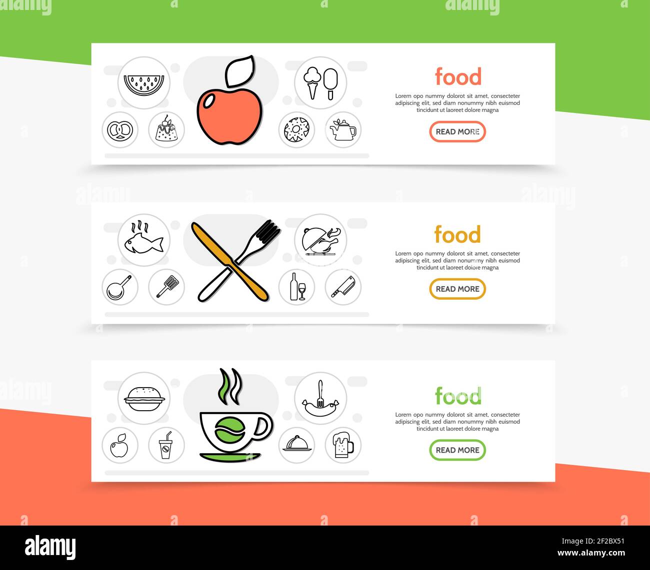 Food and cooking horizontal banners with kitchen utensil fruits chicken ...