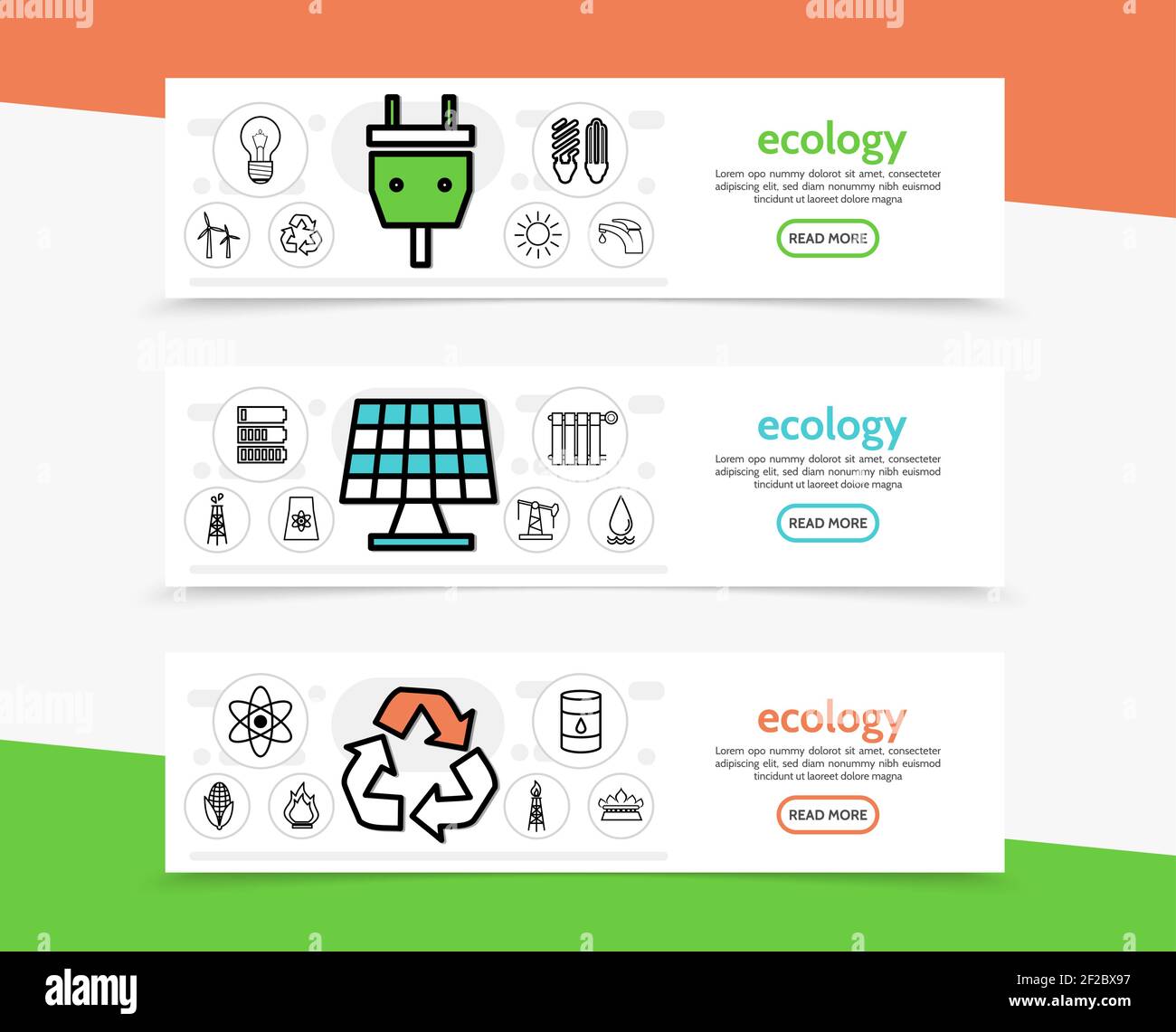 Ecology horizontal banners with plug socket solar panel bulb sun ...