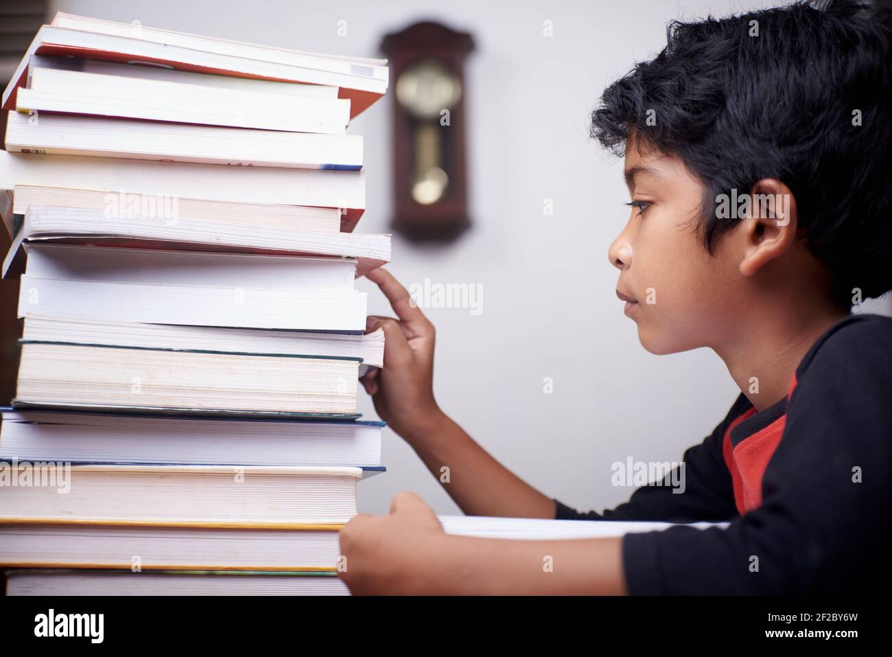 Little schoolboy study hard with stack of books at home Stock Photo - Alamy