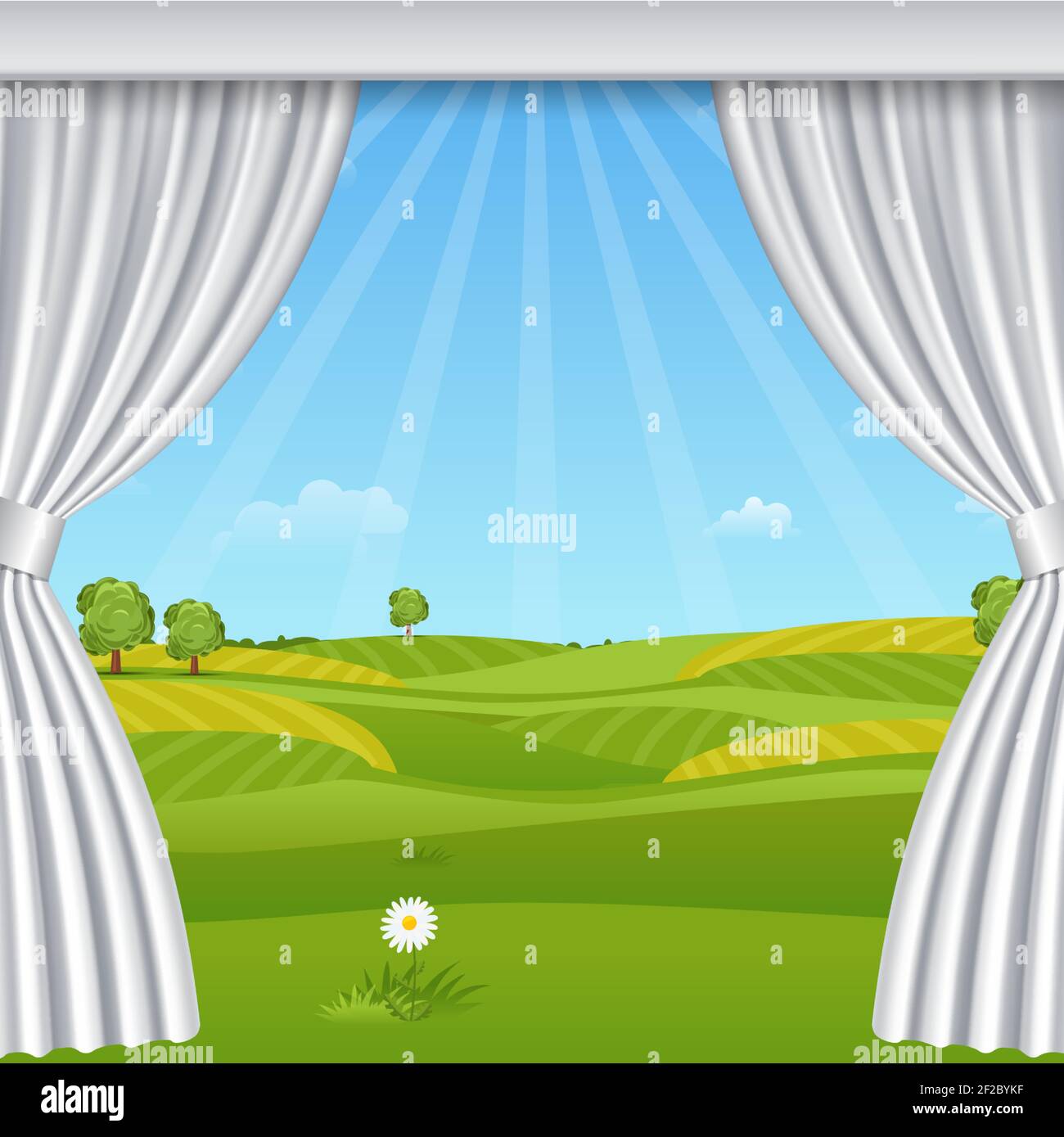 White opened luxurious curtains template with beautiful meadow ...