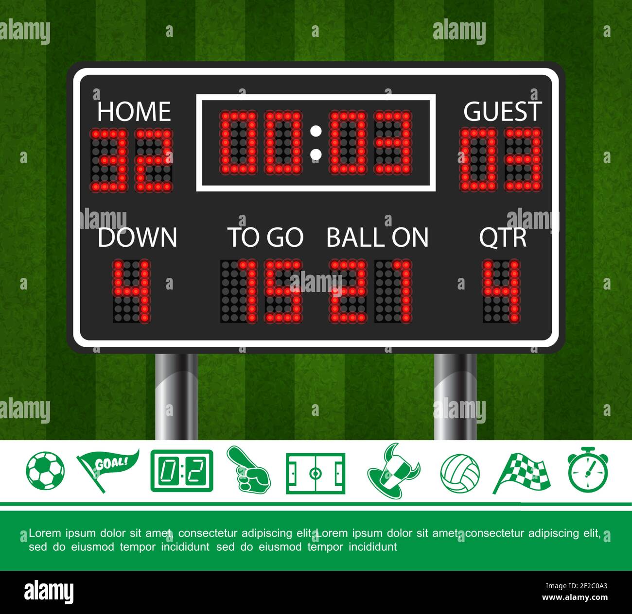 Colorful sport concept with american football scoreboard on green field ...