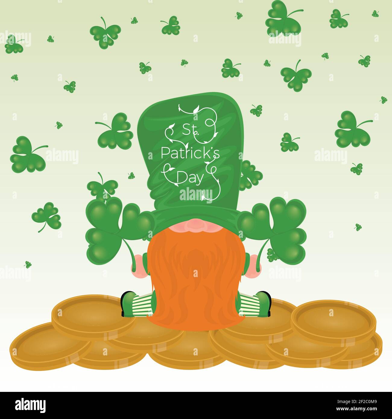 Irish elf cartoon with gold coins and clovers. Saint patricks day card ...