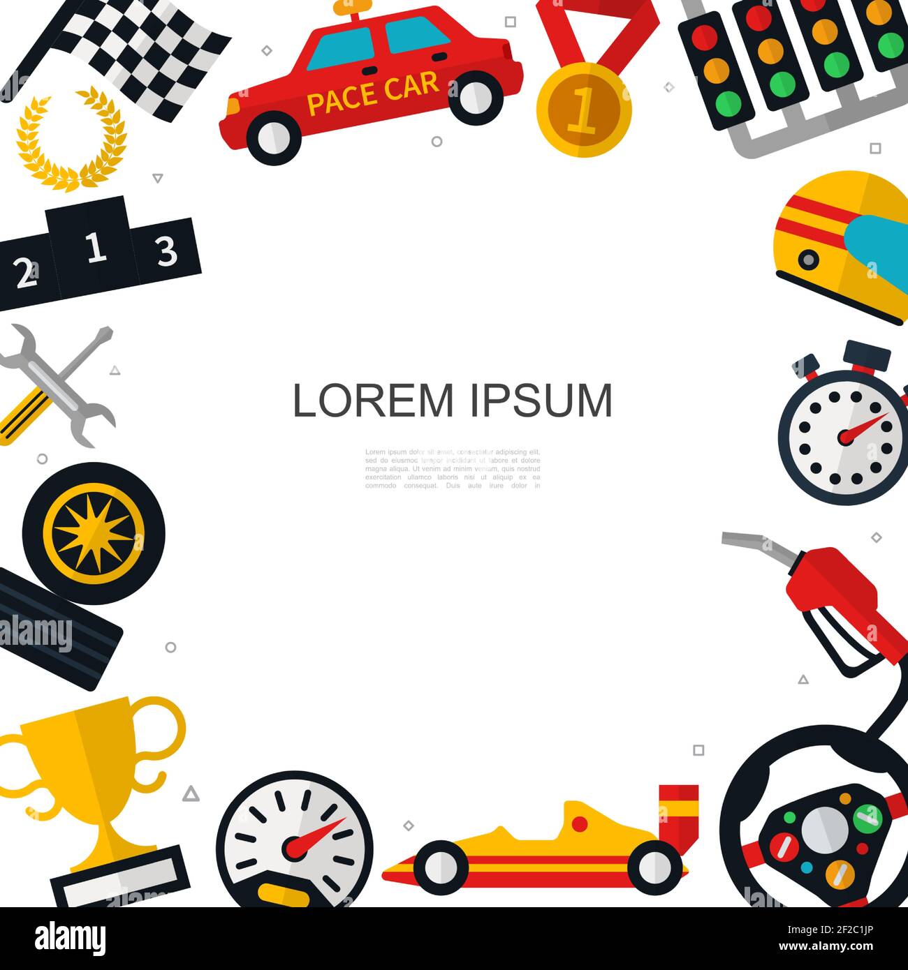 Flat racing elements template with sports car wrench cup speedometer ...