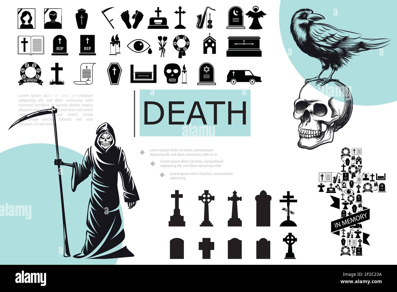 Flat death elements composition with grim reaper cemetery crosses ...