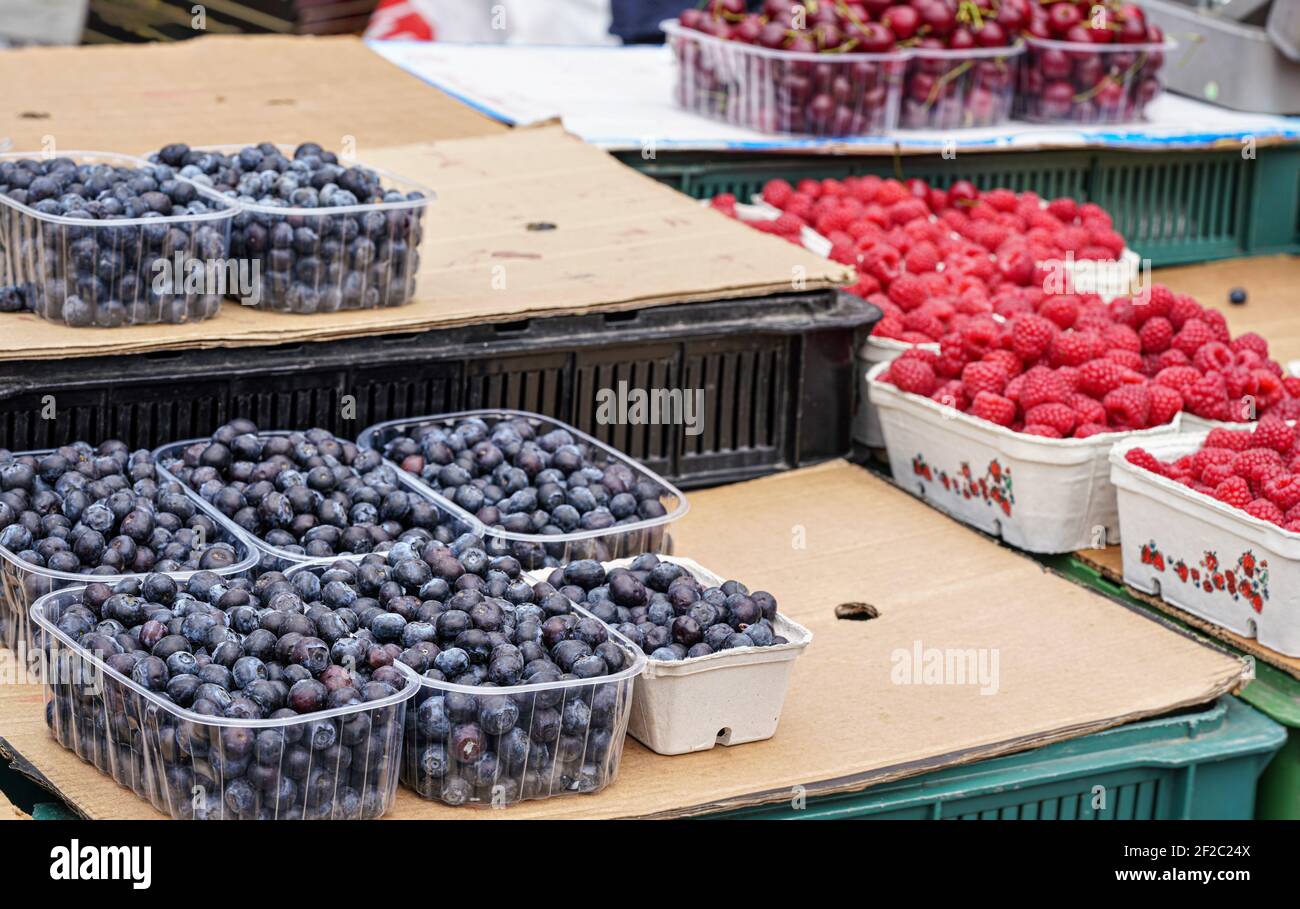 Small plastic boxes with blueberries displayed on food market, closeup ...