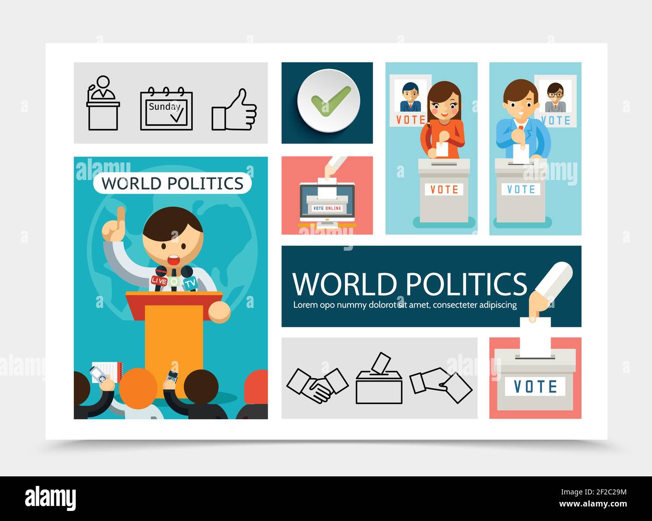 Flat voting elements composition with people putting paper ballots into ...