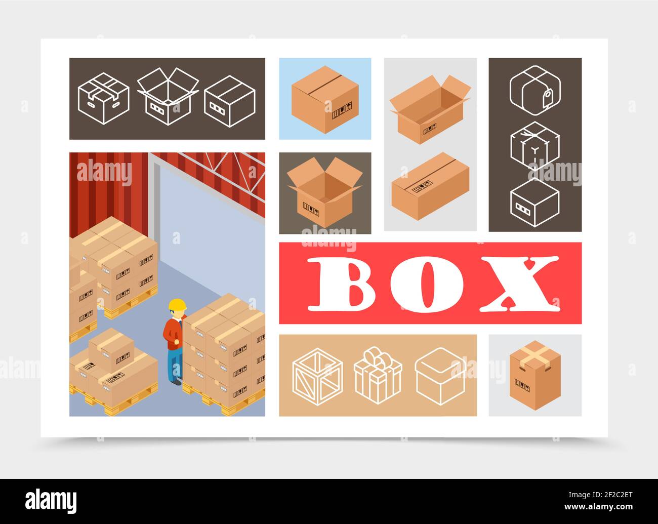 Isometric packaging colorful composition with storage worker cardboard ...