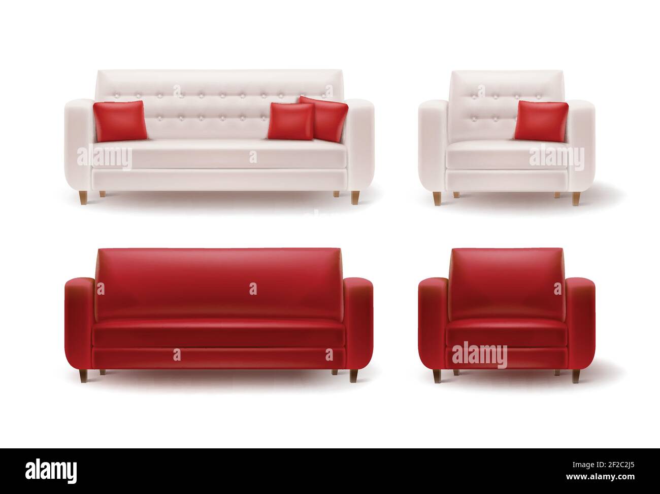 Vector set of red, white armchairs with sofas and cushions front view ...