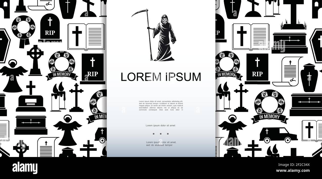 Flat death icons seamless pattern with grim reaper funeral and burial ...