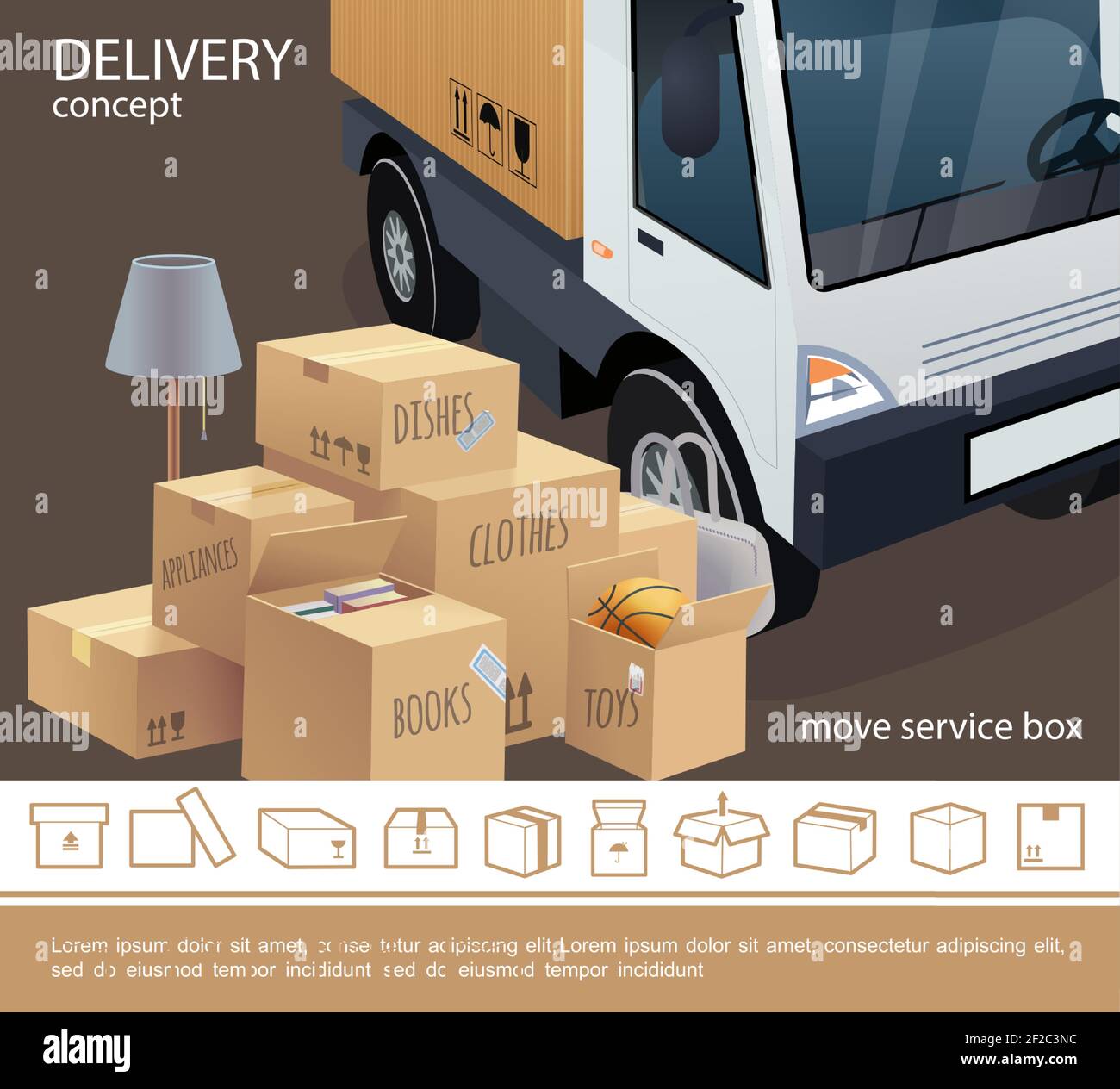 Colorful delivery service concept with truck lamp bag cardboard boxes ...