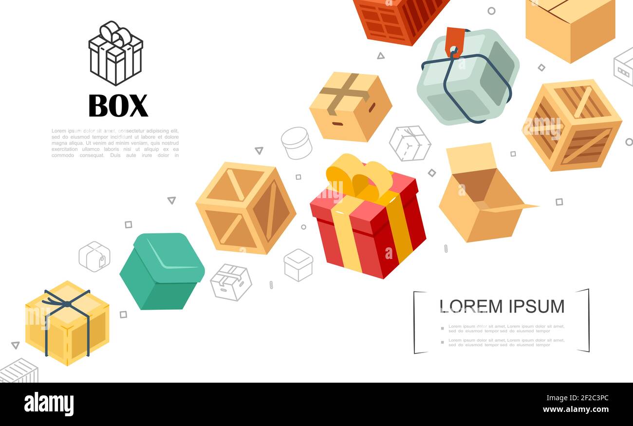 Packaging elements template with cardboard and wooden boxes on white ...