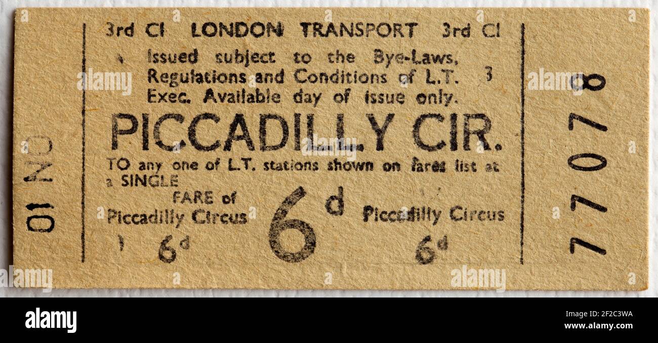 Old London Transport Underground or Tube Ticket from Piccadilly Circus ...