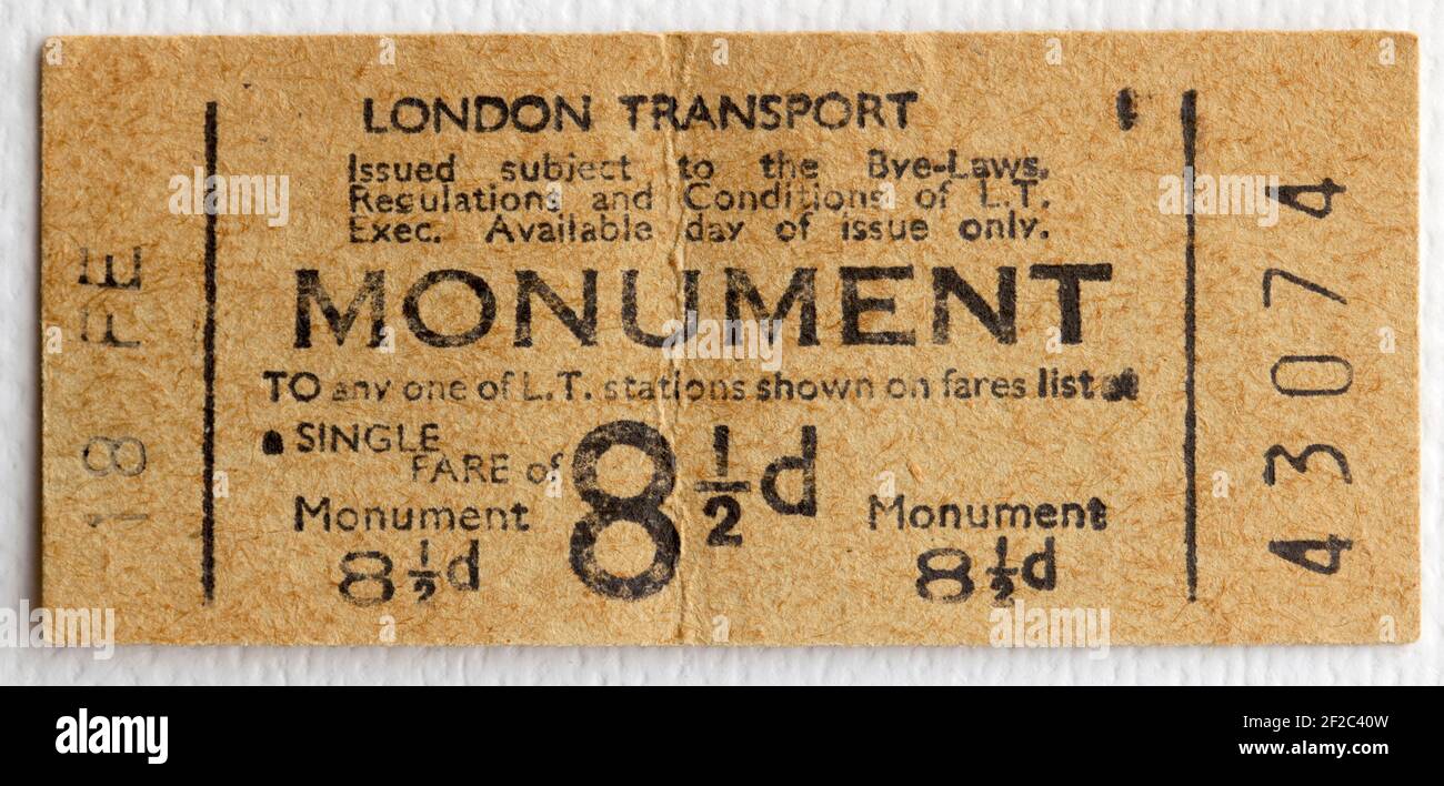 Old London Transport Underground or Tube Ticket from Monument Station ...