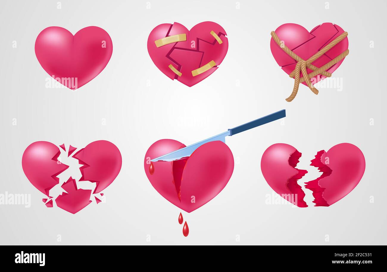 Romantic red elements set with broken stuck shattered cut out torn and ...