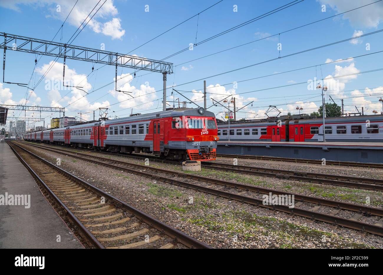 Train on Moscow passenger platform (Savelovsky railway station)-- is one of the nine main ...