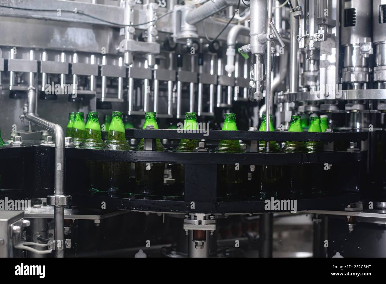 The process of filling beer into bottles on a production conveyor line ...