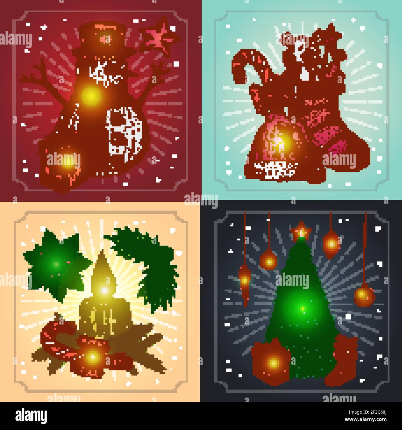 Christmas hand drawn glowing compositions with festive decorations rays ...