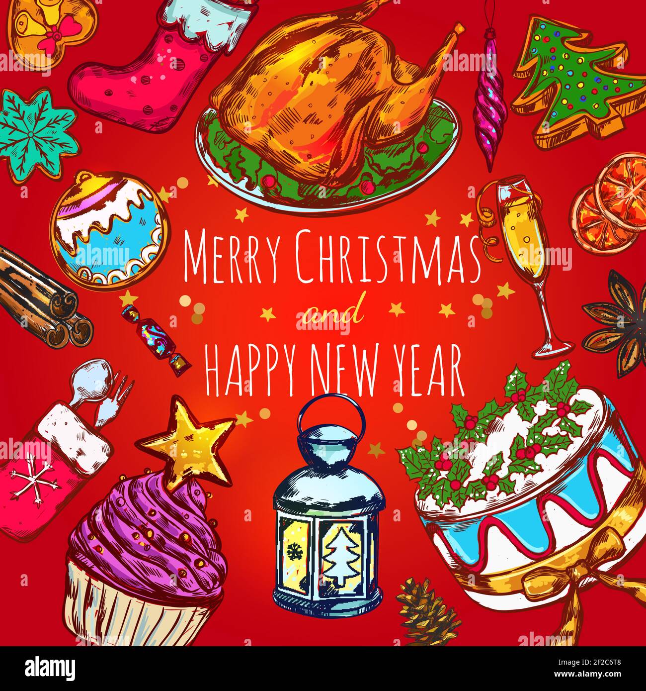 Christmas food frame background with seamless composition of hand drawn ...