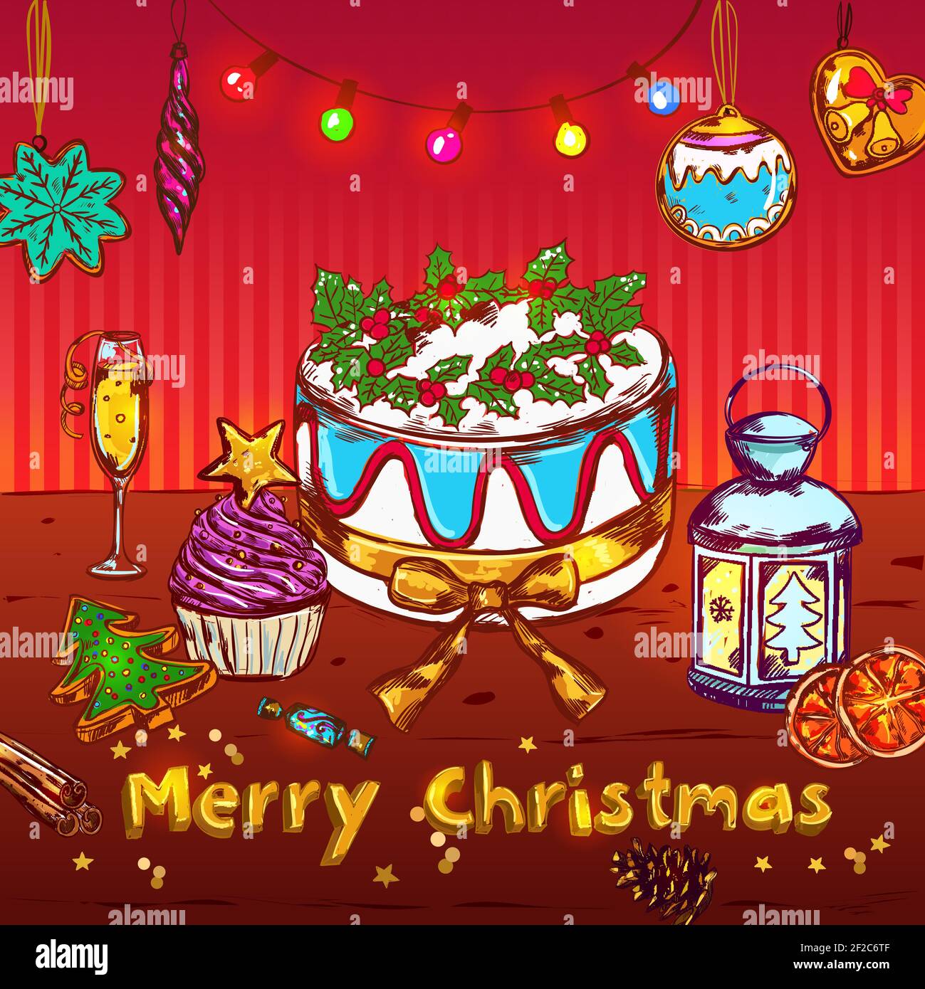 Christmas sketch card design background with holiday feast table food ...