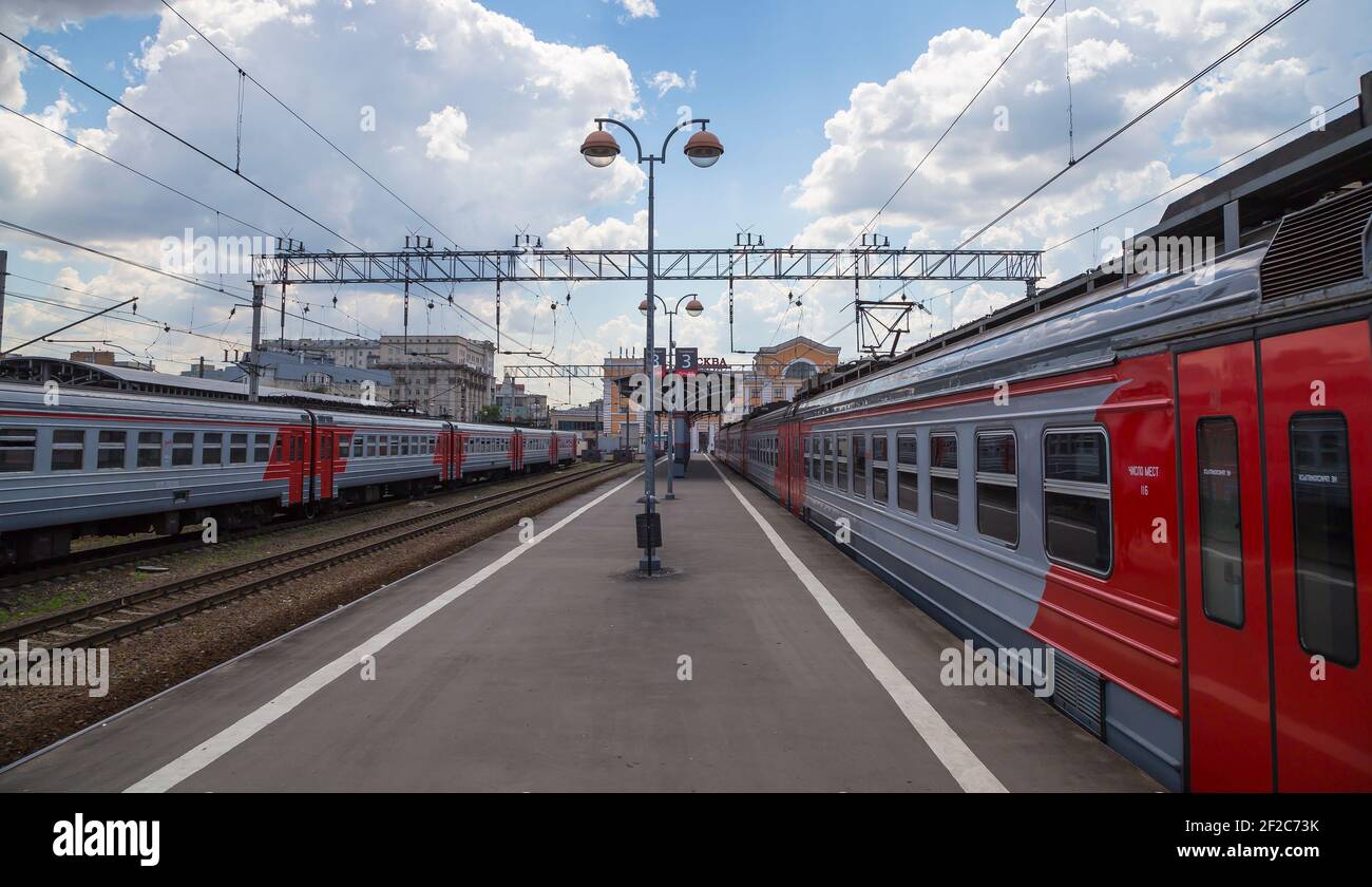 Train on Moscow passenger platform (Savelovsky railway station)-- is ...
