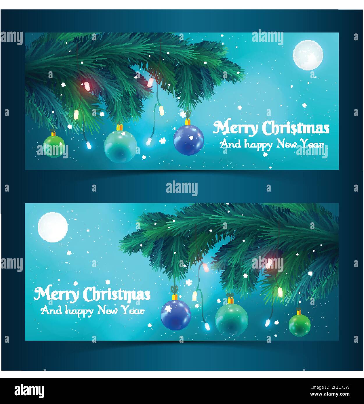 Horizontal decorated with baubles christmas tree branches in moonlight ...