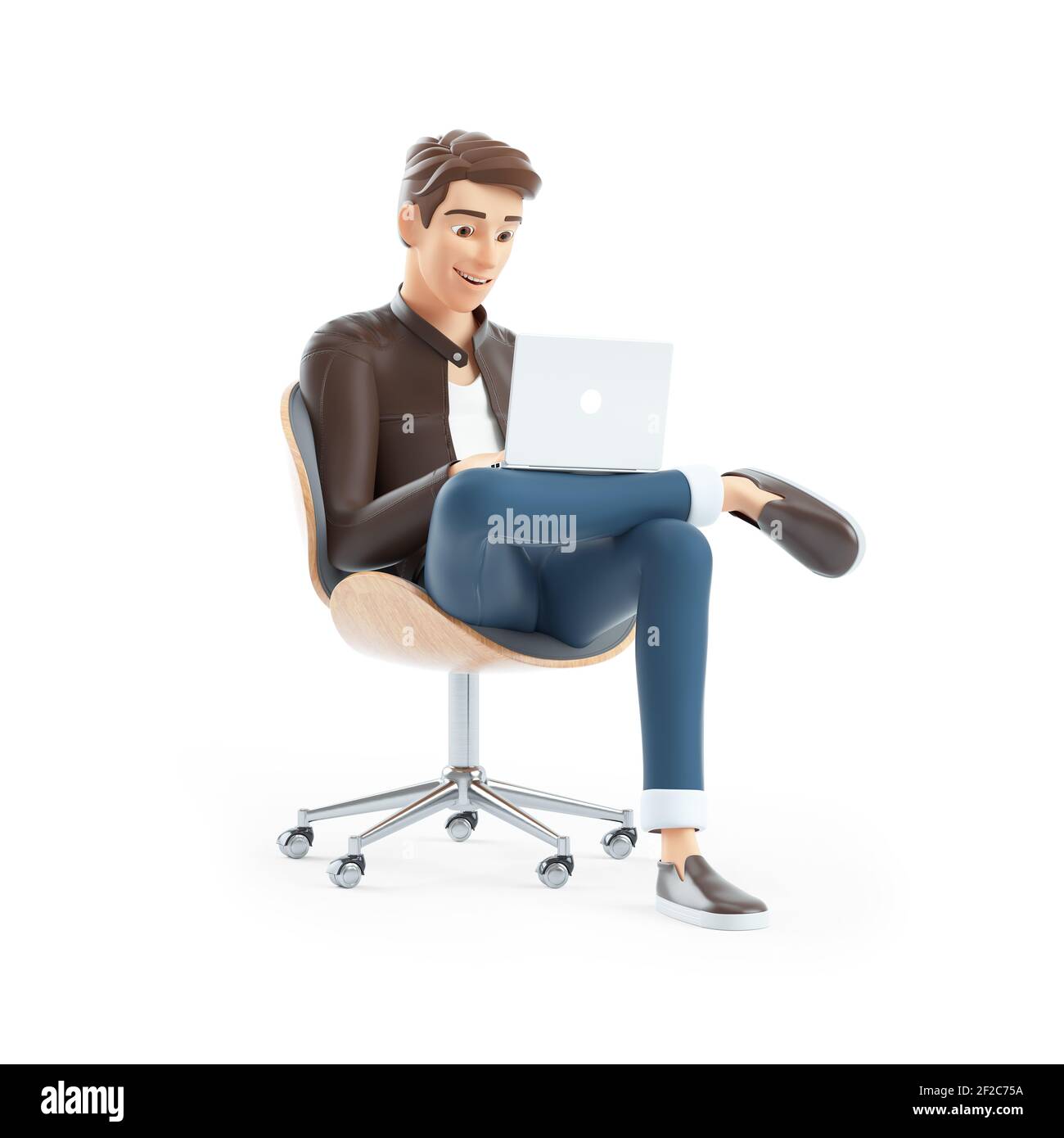 3d cartoon man sitting in chair with laptop, illustration isolated on ...