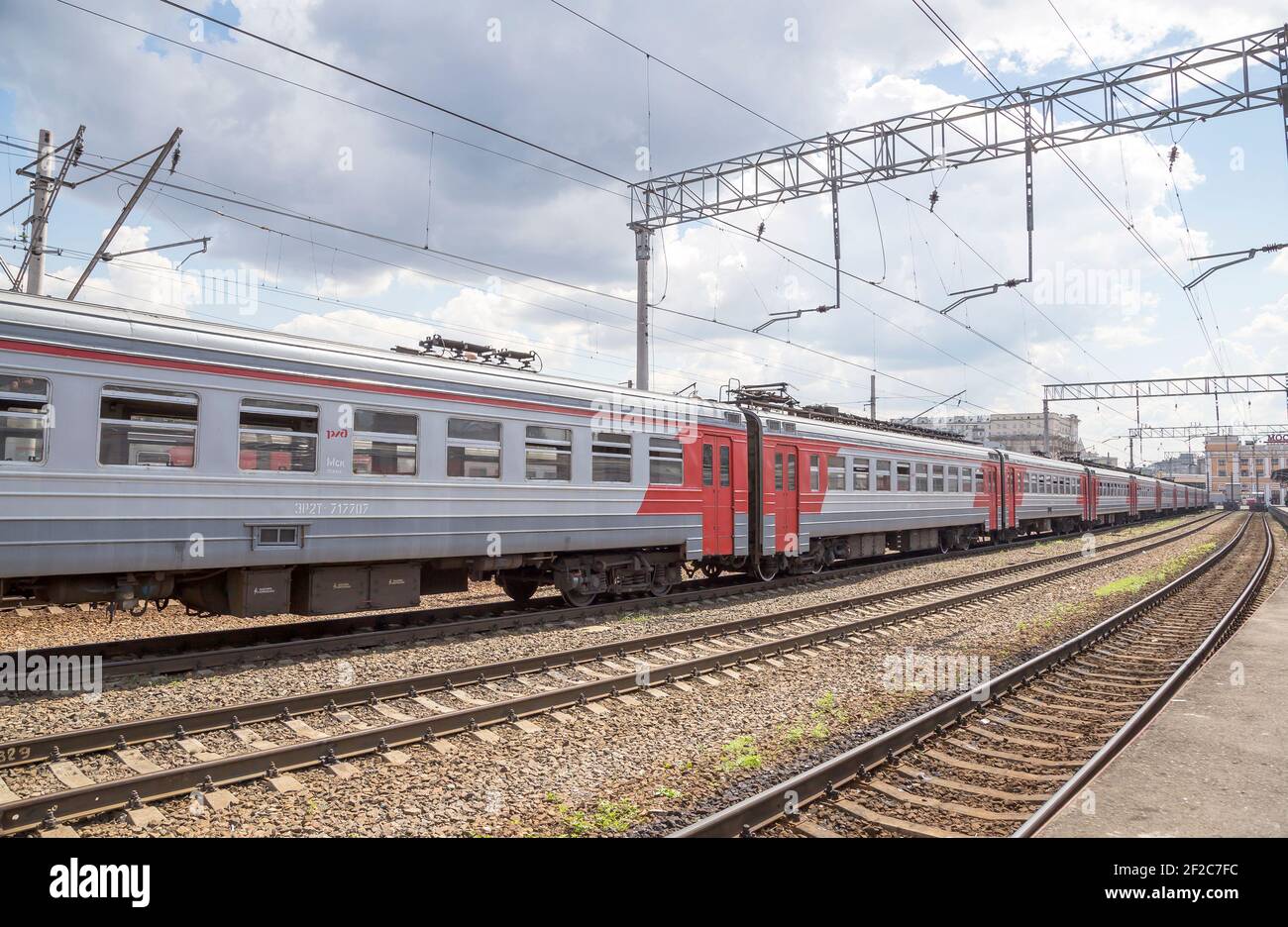 Train on Moscow passenger platform (Savelovsky railway station)-- is ...